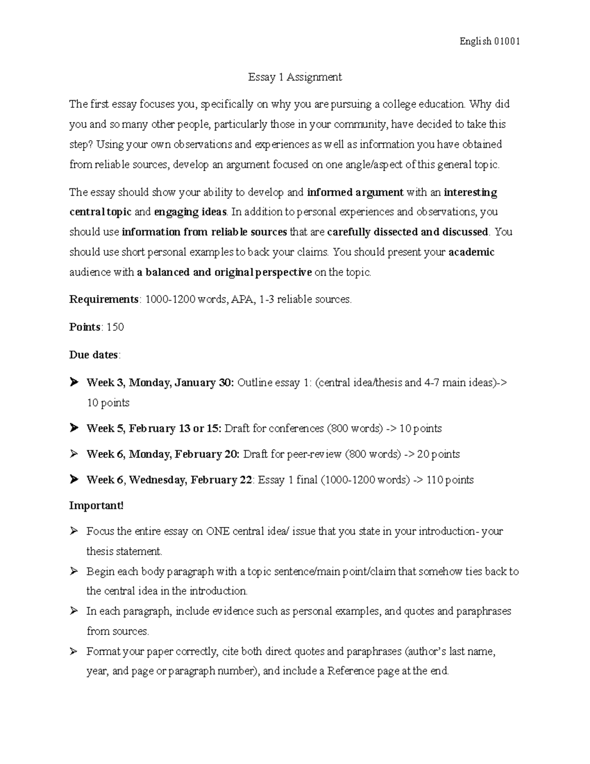 01001 Essay 1 Assignment-1(intro into writing) - English 01001 Essay 1 ...