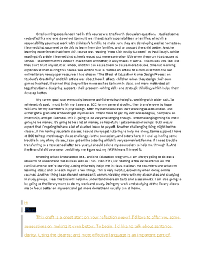 Final Reflection Paper (first draft) - One learning experience I had in ...