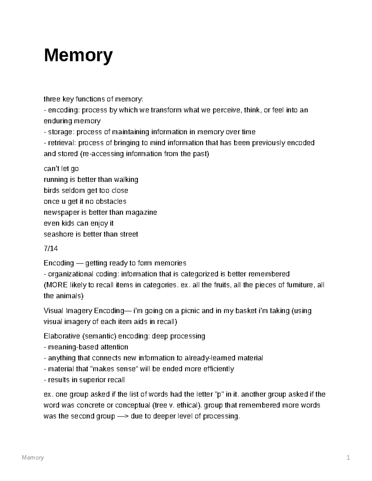 Memory - lecture notes from introduction to psychology with kathleen ...
