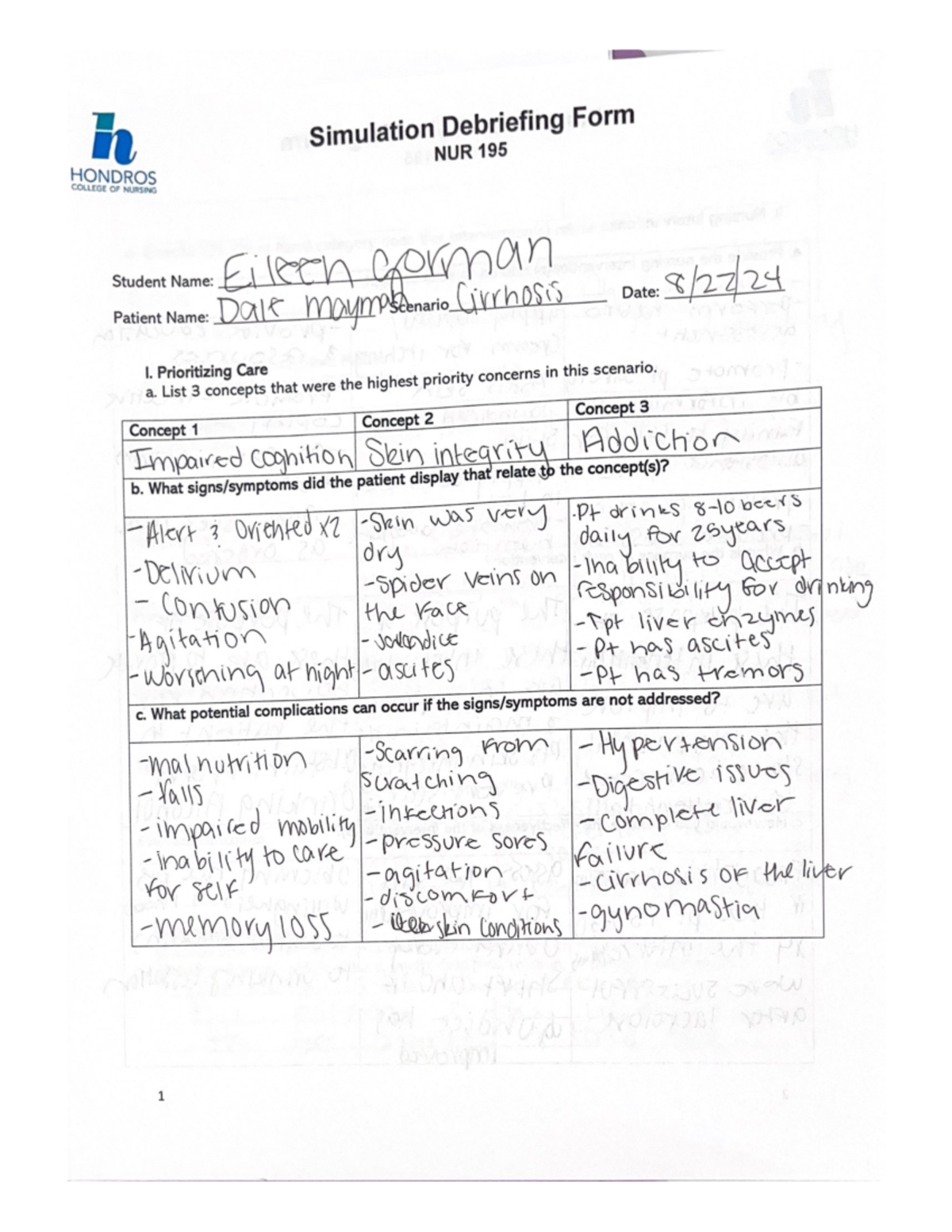 Sim debrief - assignment - Simulation Debriefing Form NUR 195 HONDROS ...
