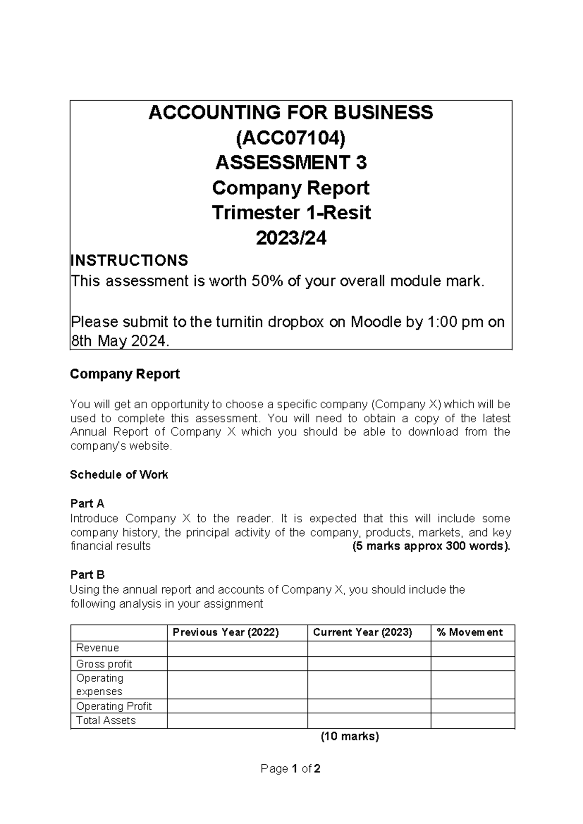 Assessment 3 Instructions-2023-4 TR1 Resit - ACCOUNTING FOR BUSINESS ...