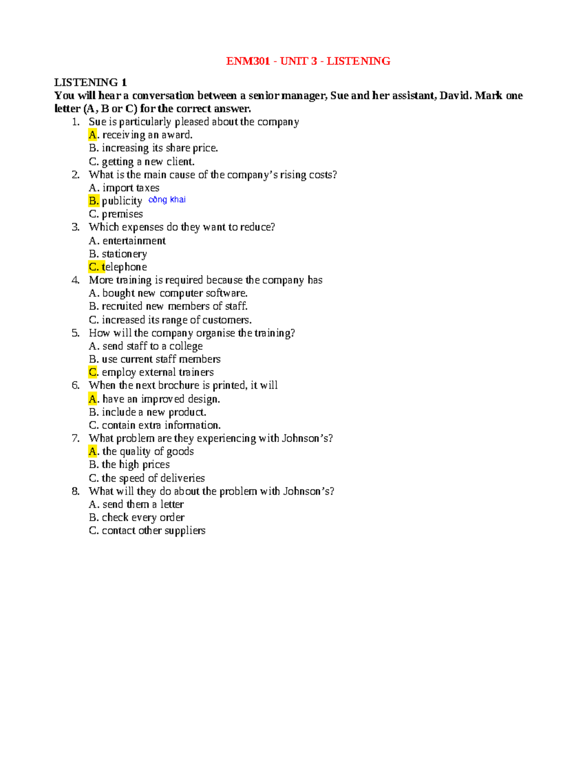 Unit3Listening - MMJHGY GTĐ IUFTFT UHYGY - ENM301 - UNIT 3 - LISTENING ...