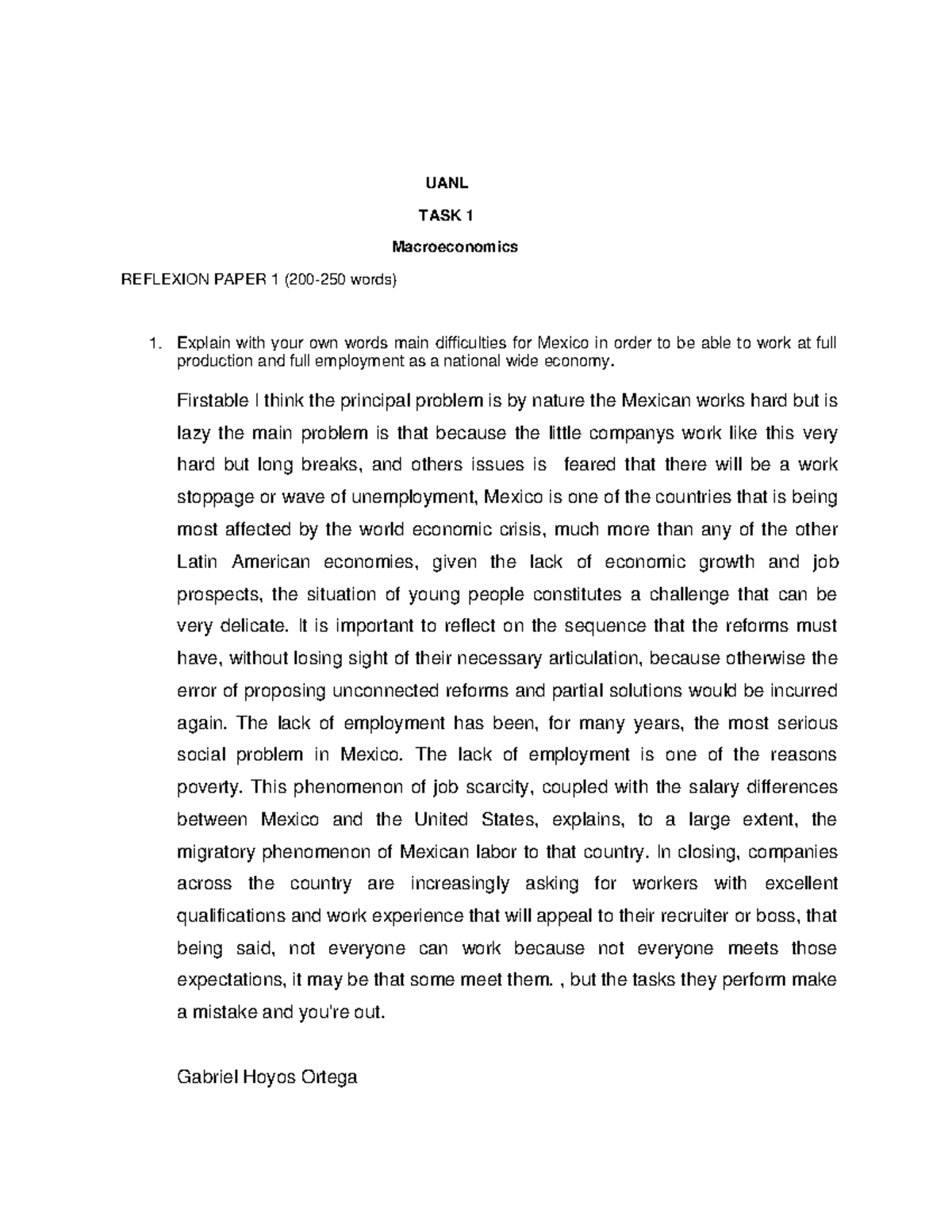 International Macroeconomics Reflection Paper - UANL TASK 1 ...