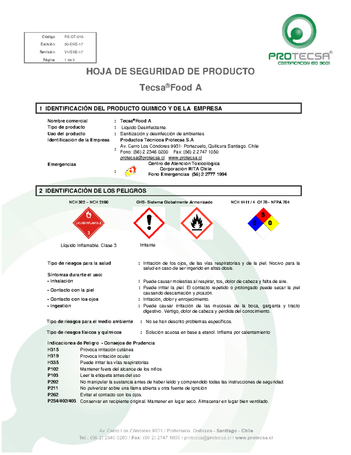 Hoja-Seguridad-Tecsa-Food-A NCh16 CL - Emisión 30-ENE- Revisión V1/ENE ...