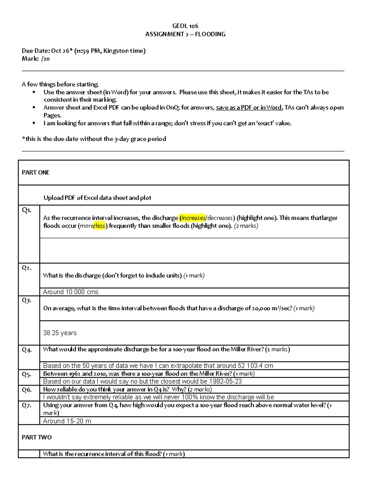 Assignment 2 Flooding - GEOL 106 ASSIGNMENT 2 – FLOODING Due Date: Oct 26* (11:59 PM, Kingston ...