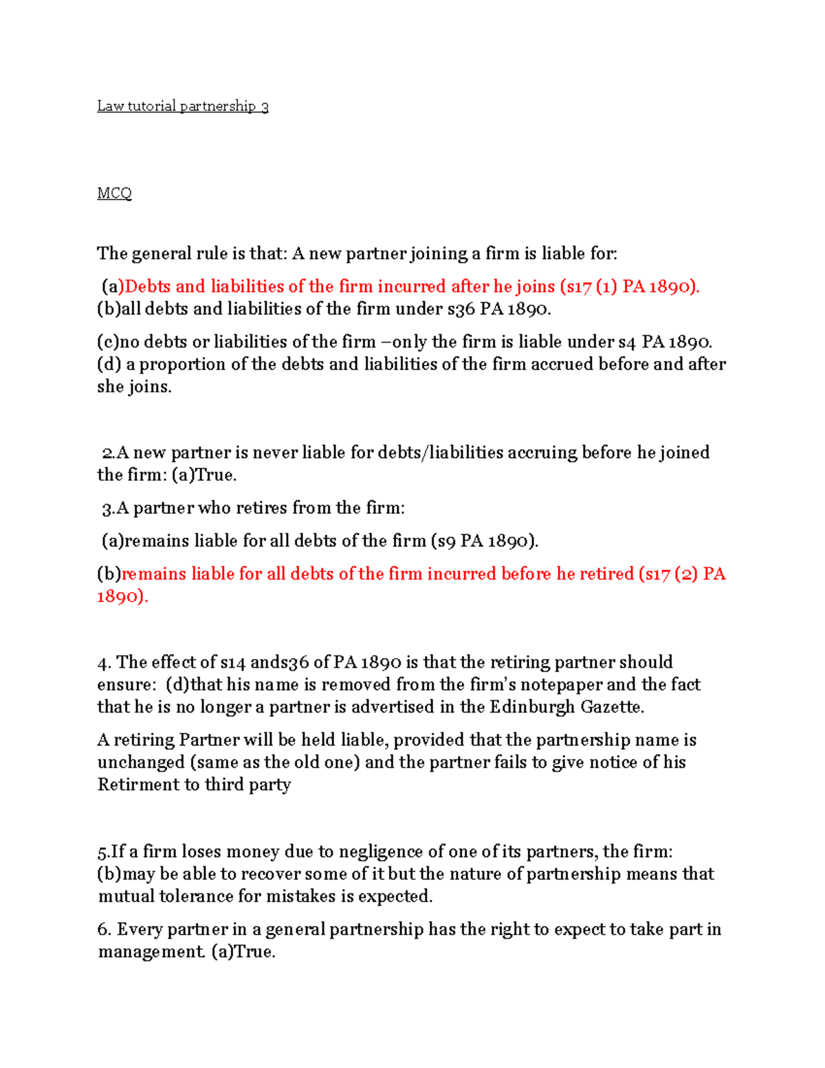 Partnership tutorial 3 - Law tutorial partnership 3 MCQ The general ...