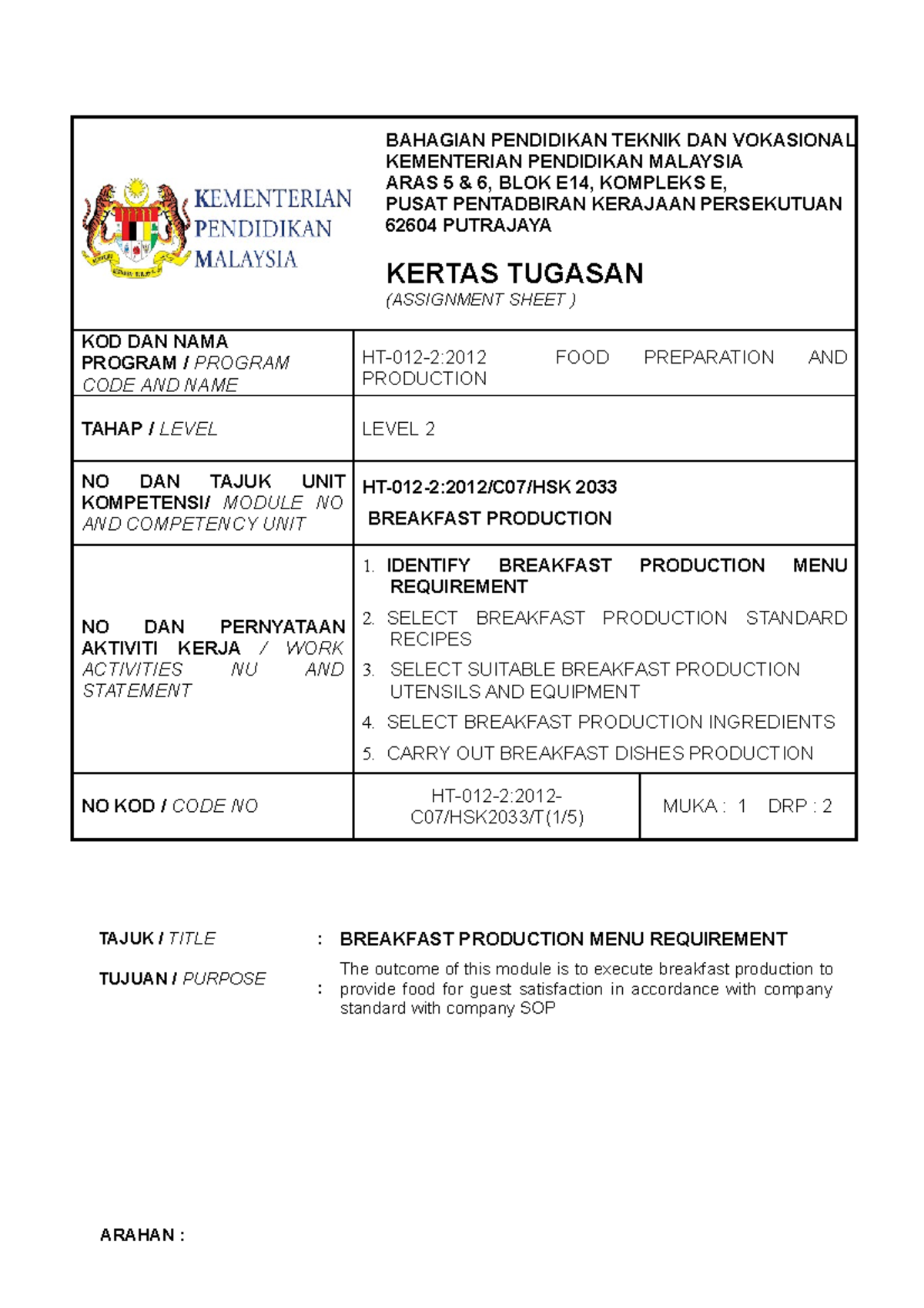 KT1 - .................... - KOD DAN NAMA PROGRAM / PROGRAM CODE AND ...