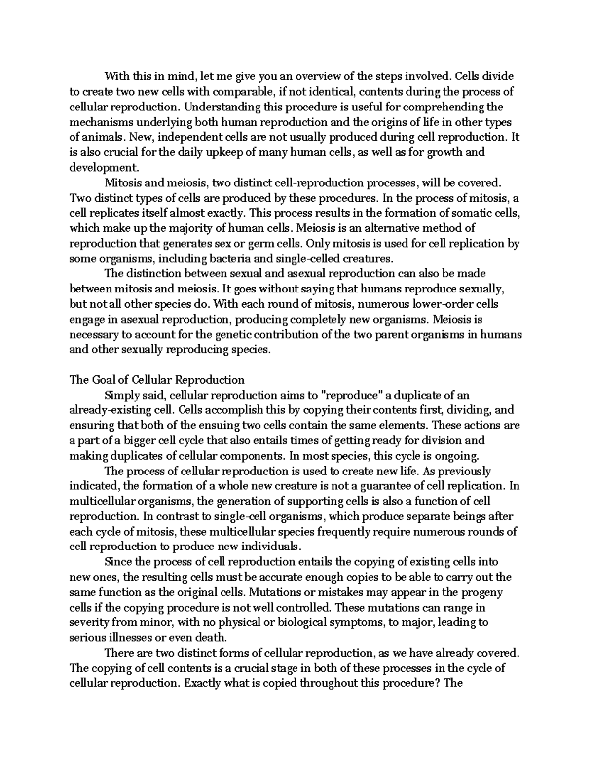 Introduction to Cellular Reproduction - With this in mind, let me give ...