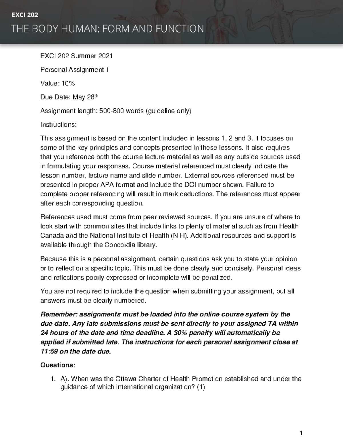 Personal Assignment 1 Instructions - 1 EXCI 202 Summer 2021 Personal ...