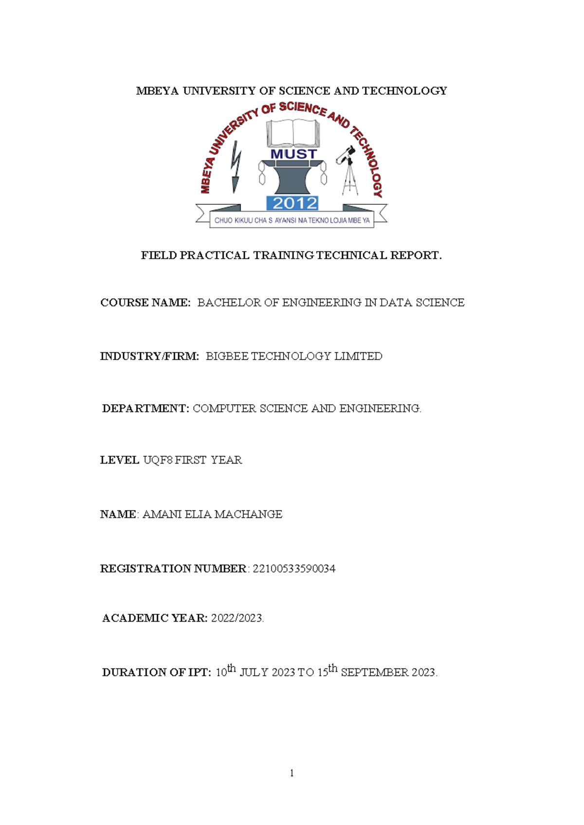Technical report - Practical training - MBEYA UNIVERSITY OF SCIENCE AND ...