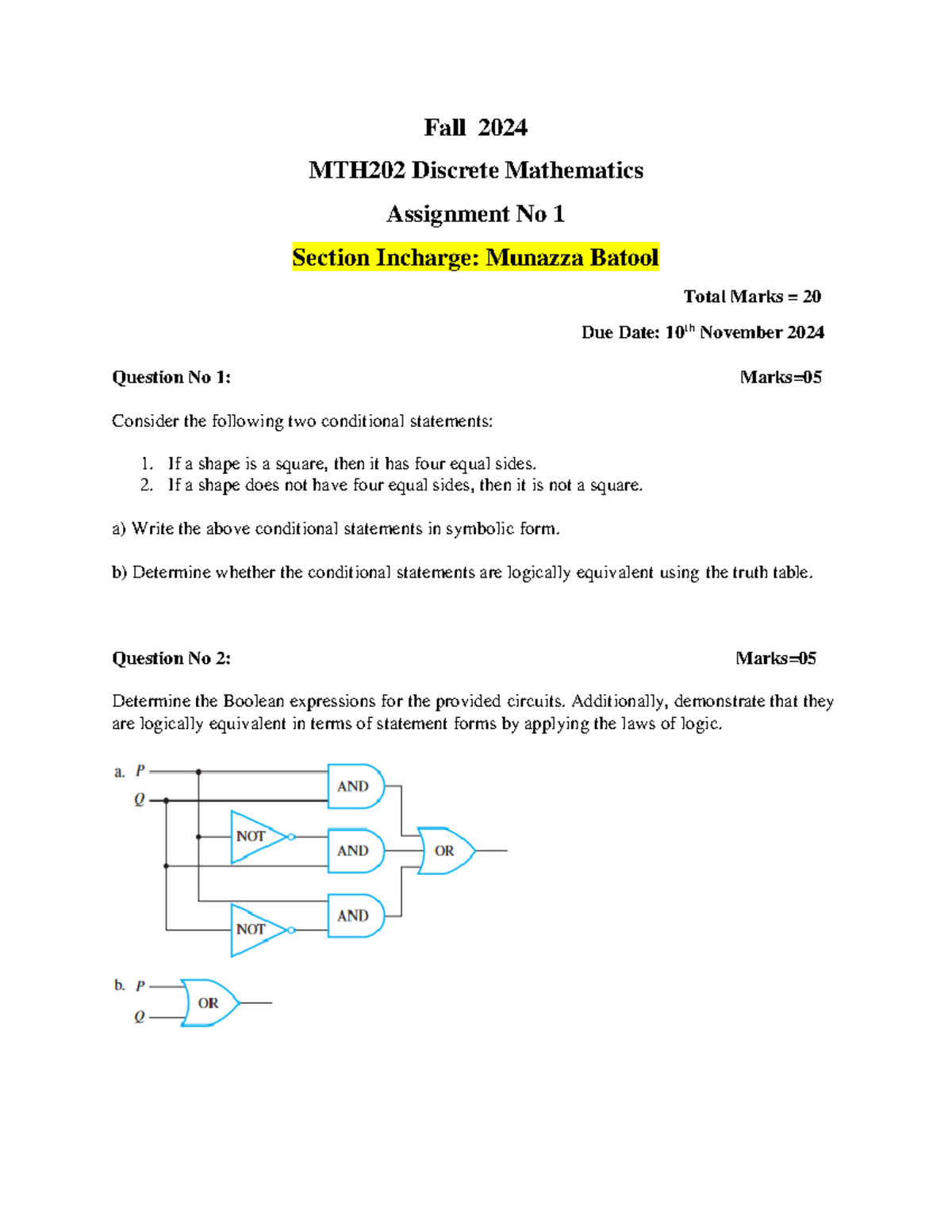 FAll 2024 Assignment No 1 MTh202 - Fall 2024 MTH202 Discrete Mathematics Assignment No 1 Section ...