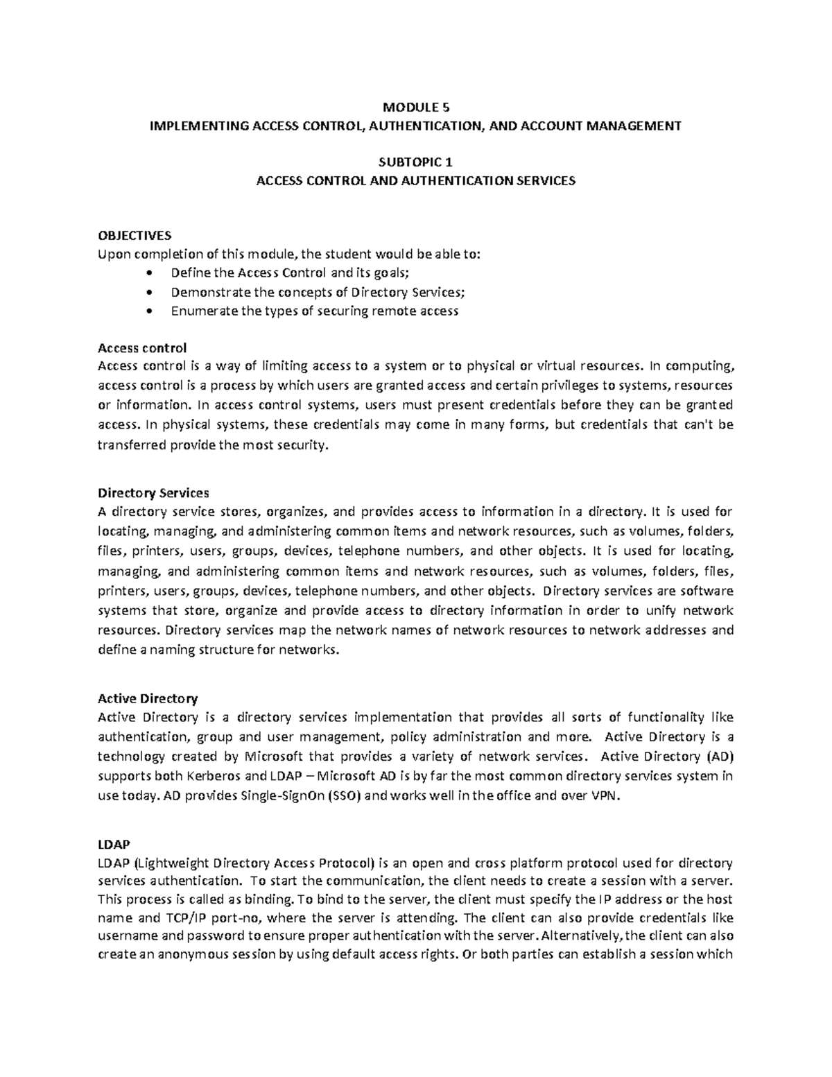 Module 5 - subtopic 1 - Level 2 - MODULE 5 IMPLEMENTING ACCESS CONTROL, AUTHENTICATION, AND ...