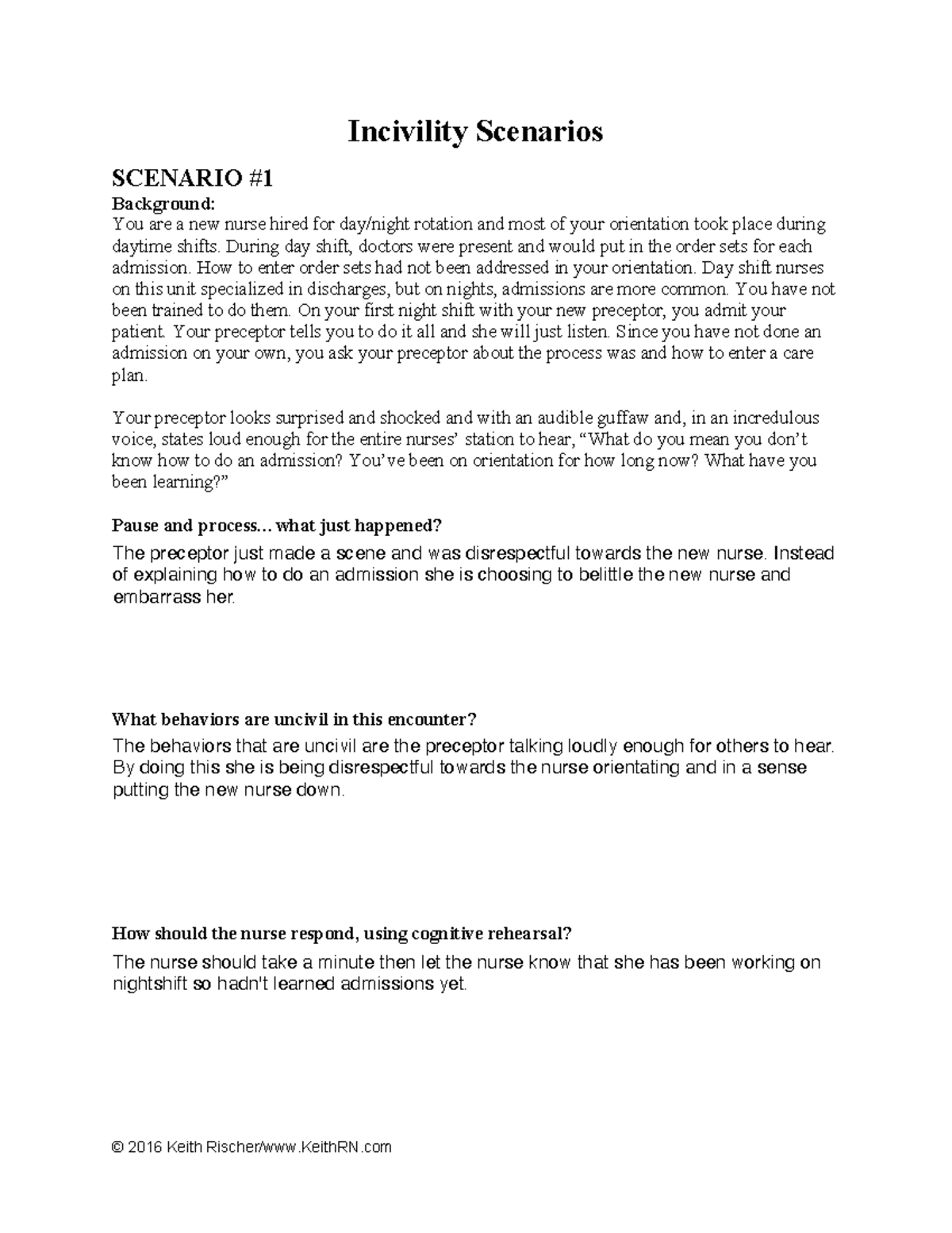 Incivility Scenarios - N/A - Incivility Scenarios SCENARIO Background ...