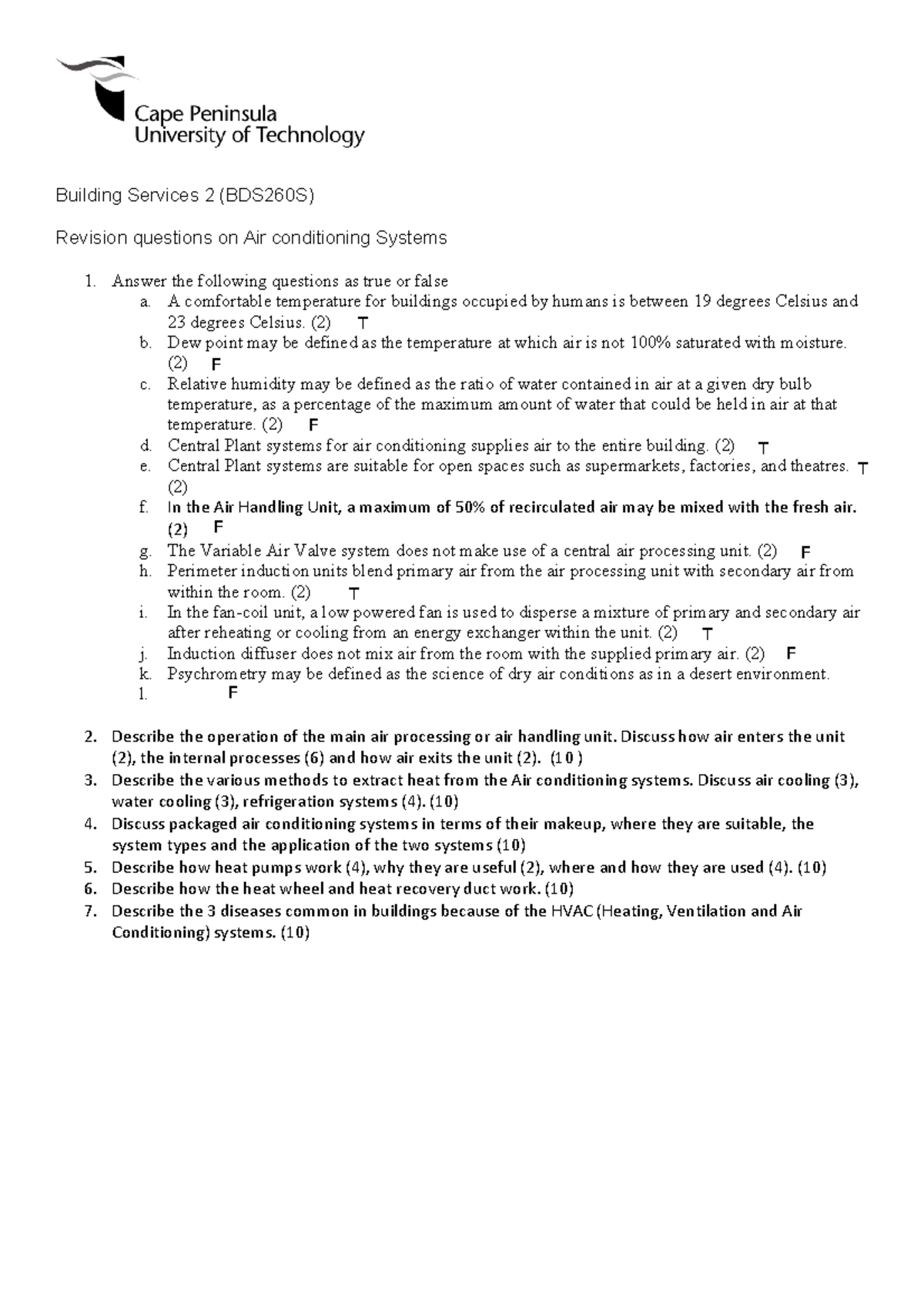 BDS260S Revision question on Aircon systems - Building Services 2 (BDS260S) Revision questions ...
