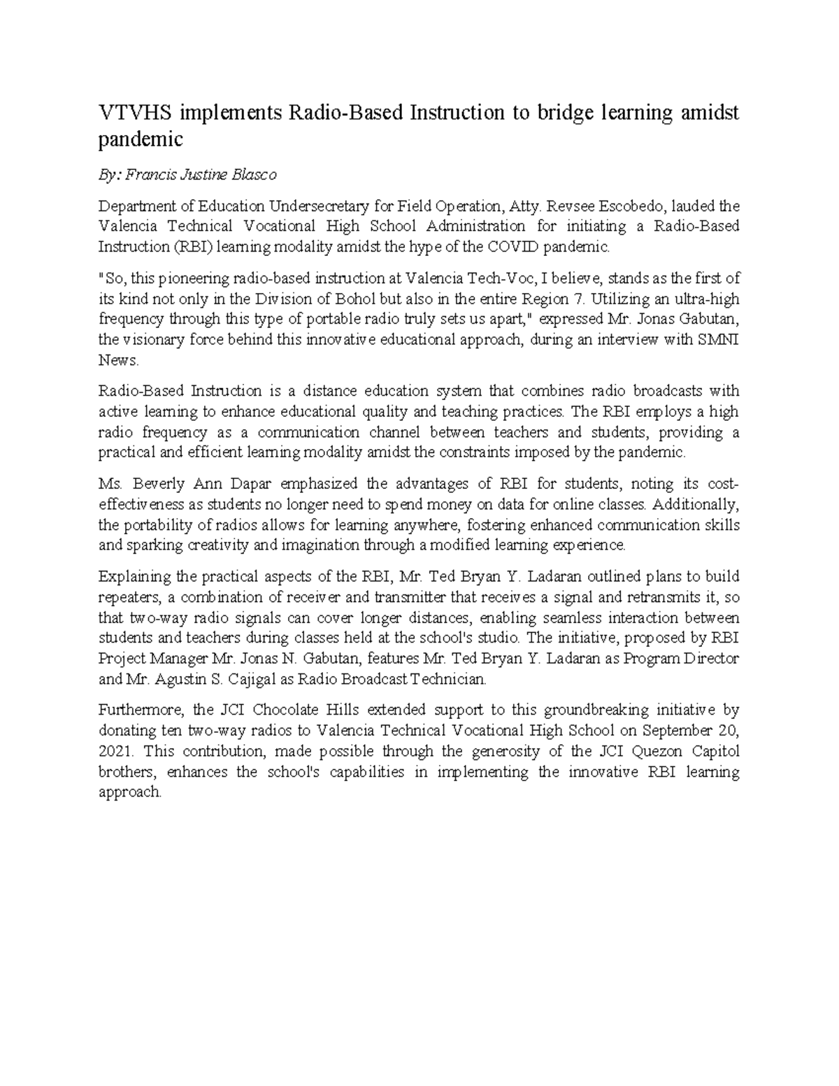 2 NEWS RBI edited - VTVHS implements Radio-Based Instruction to bridge ...