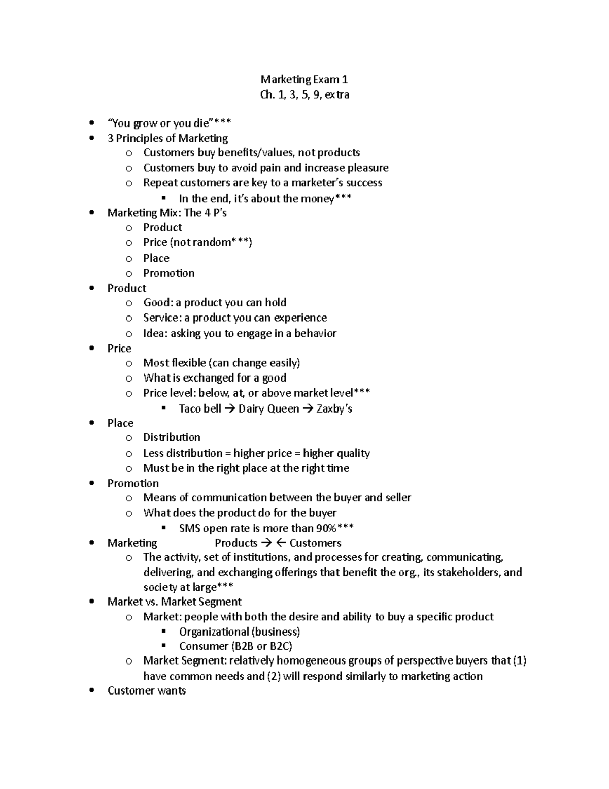 Marketing Exam 1 Notes Typed - Marketing Exam 1 Ch. 1, 3, 5, 9, extra ...
