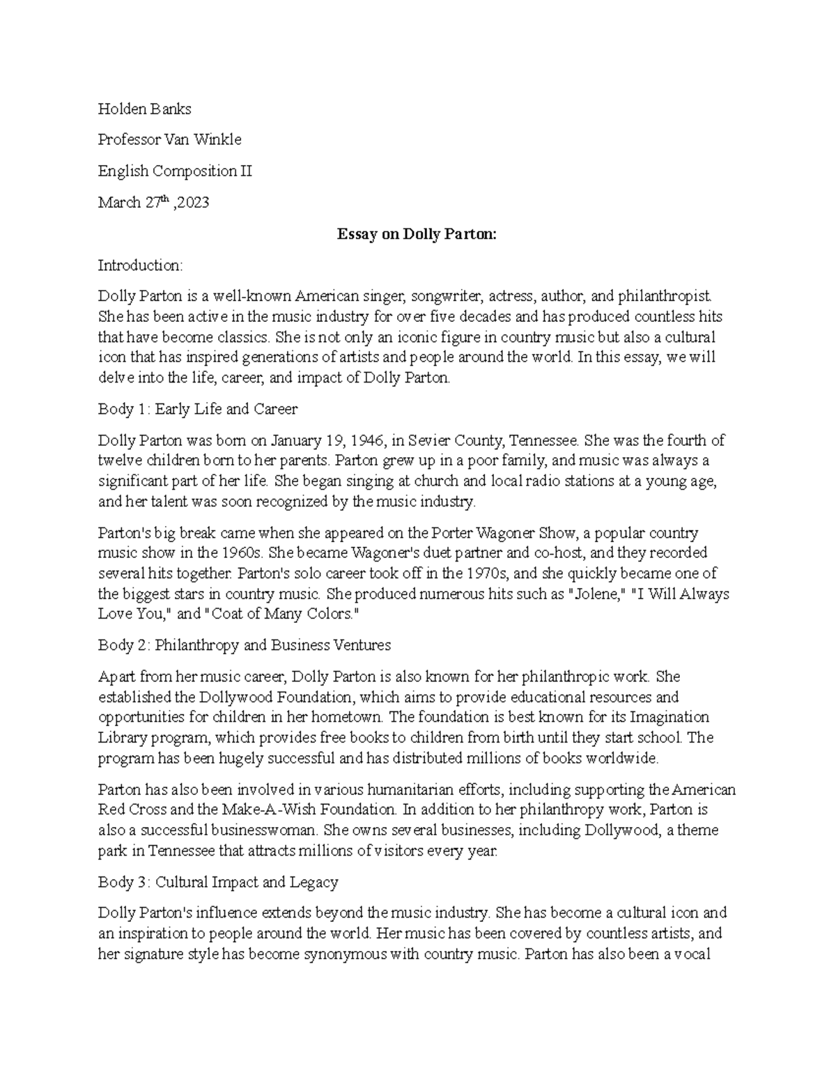 Essay on Dolly Parton and her Lifestyle - Holden Banks Professor Van ...