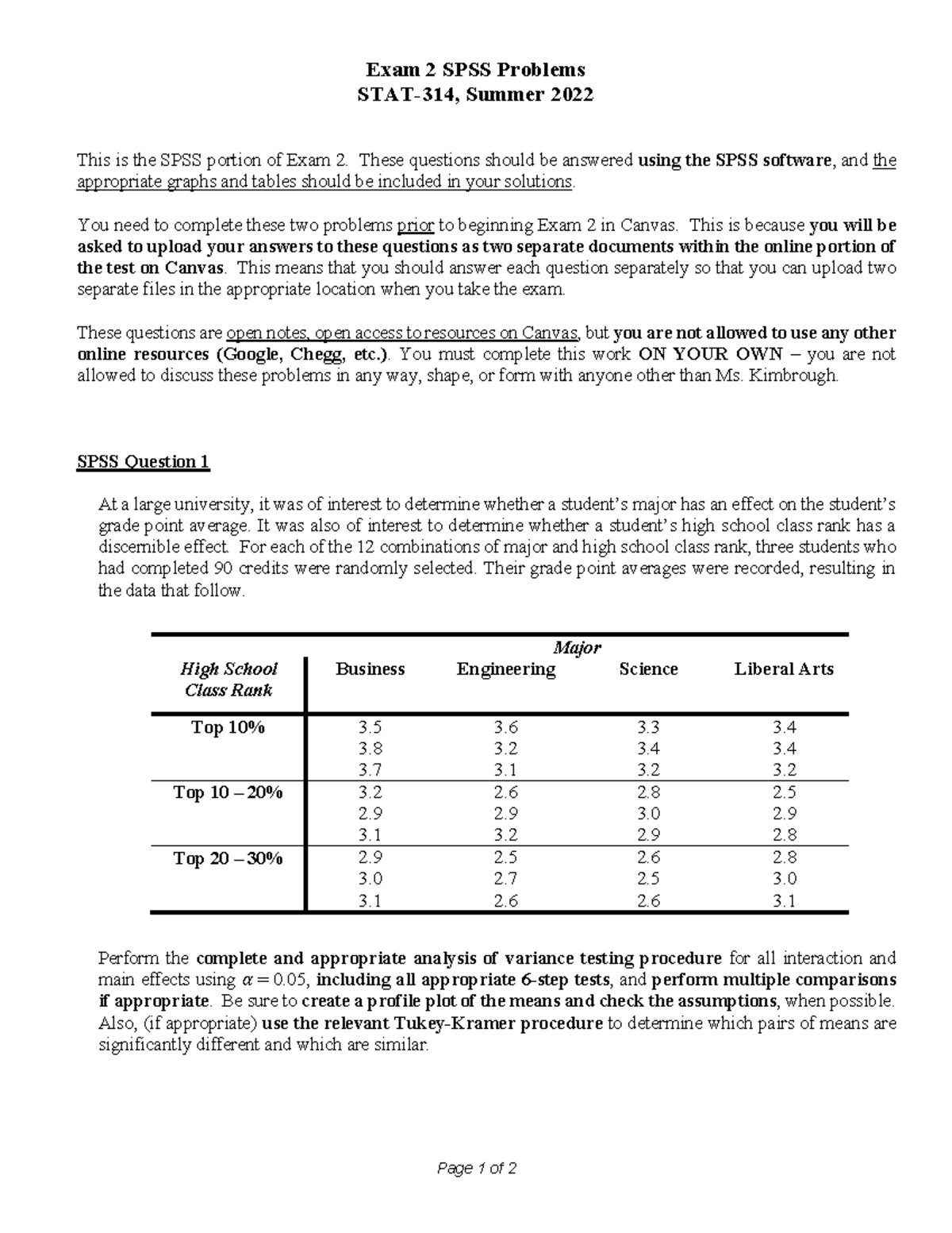 STAT+314+Exam+2+SPSS+Problems - Page 1 of 2 Exam 2 SPSS Problems STAT-314, Summer 2022 This is ...