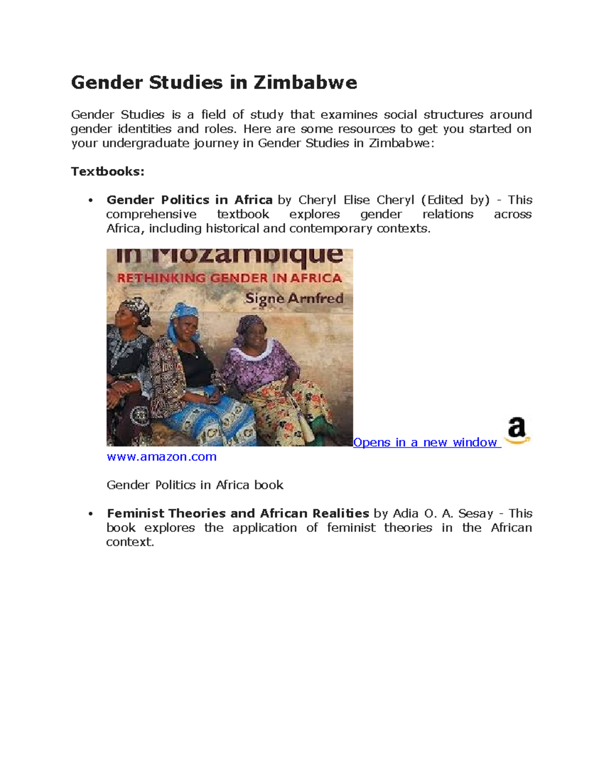 Gender Studies in Zimbabwe - Gender Studies in Zimbabwe Gender Studies is a field of study that ...