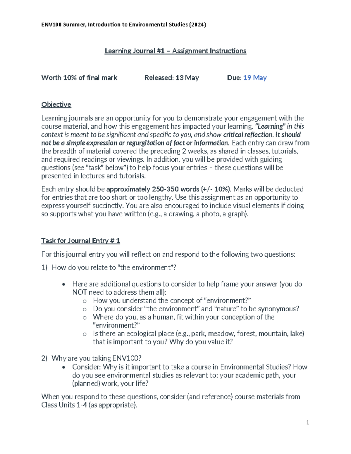 Journal entry 1 - Assignment Guidelines - ENV100 Summer, Introduction ...