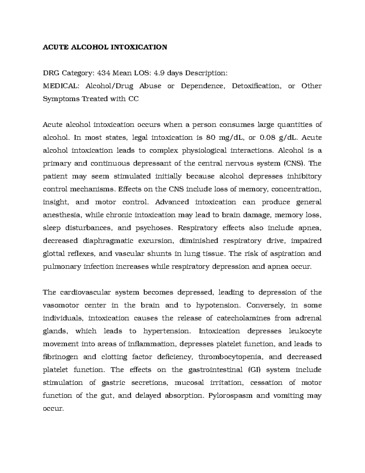 Acute Alcohol Intoxication - ACUTE ALCOHOL INTOXICATION DRG Category ...