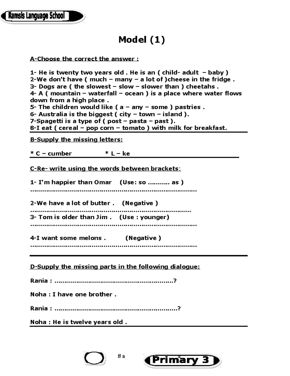 Test 1 Grammar for introduction and assessment - Model (1) A-Choose the ...