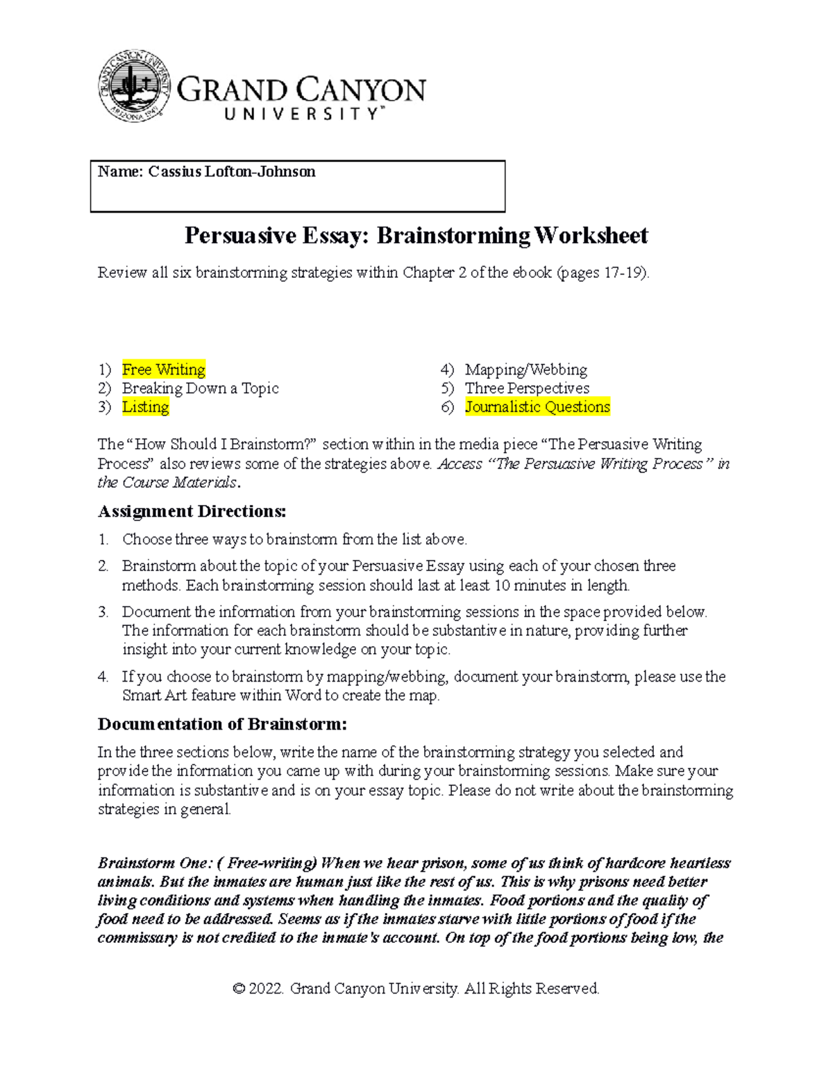 Brainstormin worksheet - Name: Cassius Lofton-Johnson Persuasive Essay ...