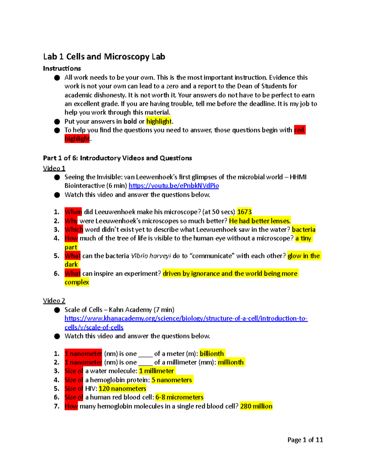 BIOL-1110 Online Lab 1 Cells and Microscopy - Lab 1 Cells and ...