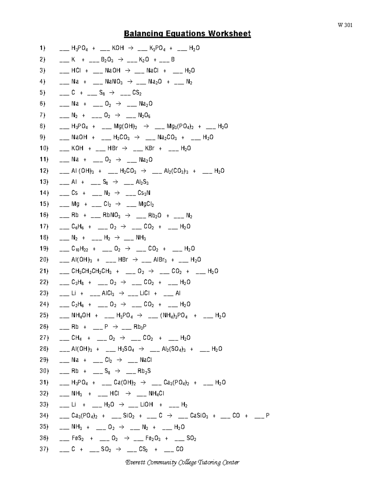 Balancing Equations - Practice - W 301 Everett Community College Tutoring Center Balancing ...