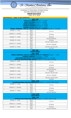JHS Schedule of 4th Quarter Prelim Exam SY - SCHEDULE OF PRELIM ...