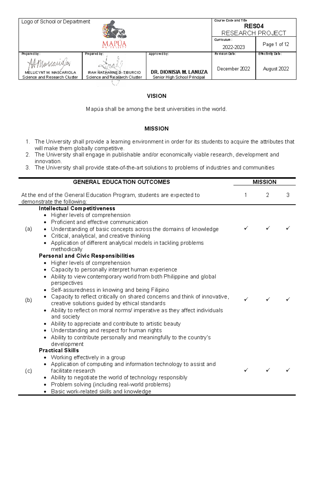 RES04 AY 2022-2023 Syllabus - RES RESEARCH PROJECT Curriculum: Page 1 ...