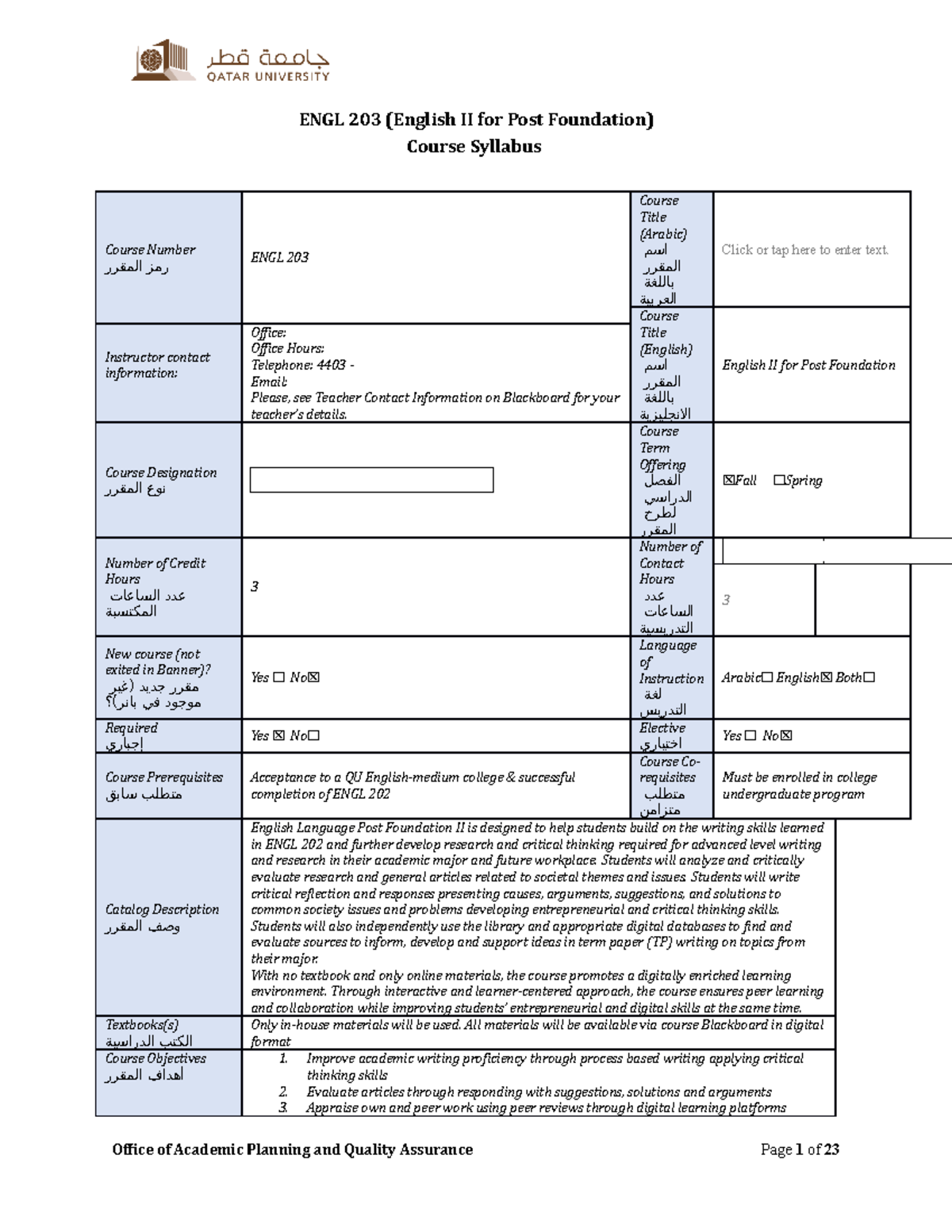 ENGL 203 Course Syllabus-Fall 2023 - ENGL 203 (English II for Post Foundation) Course Syllabus ...