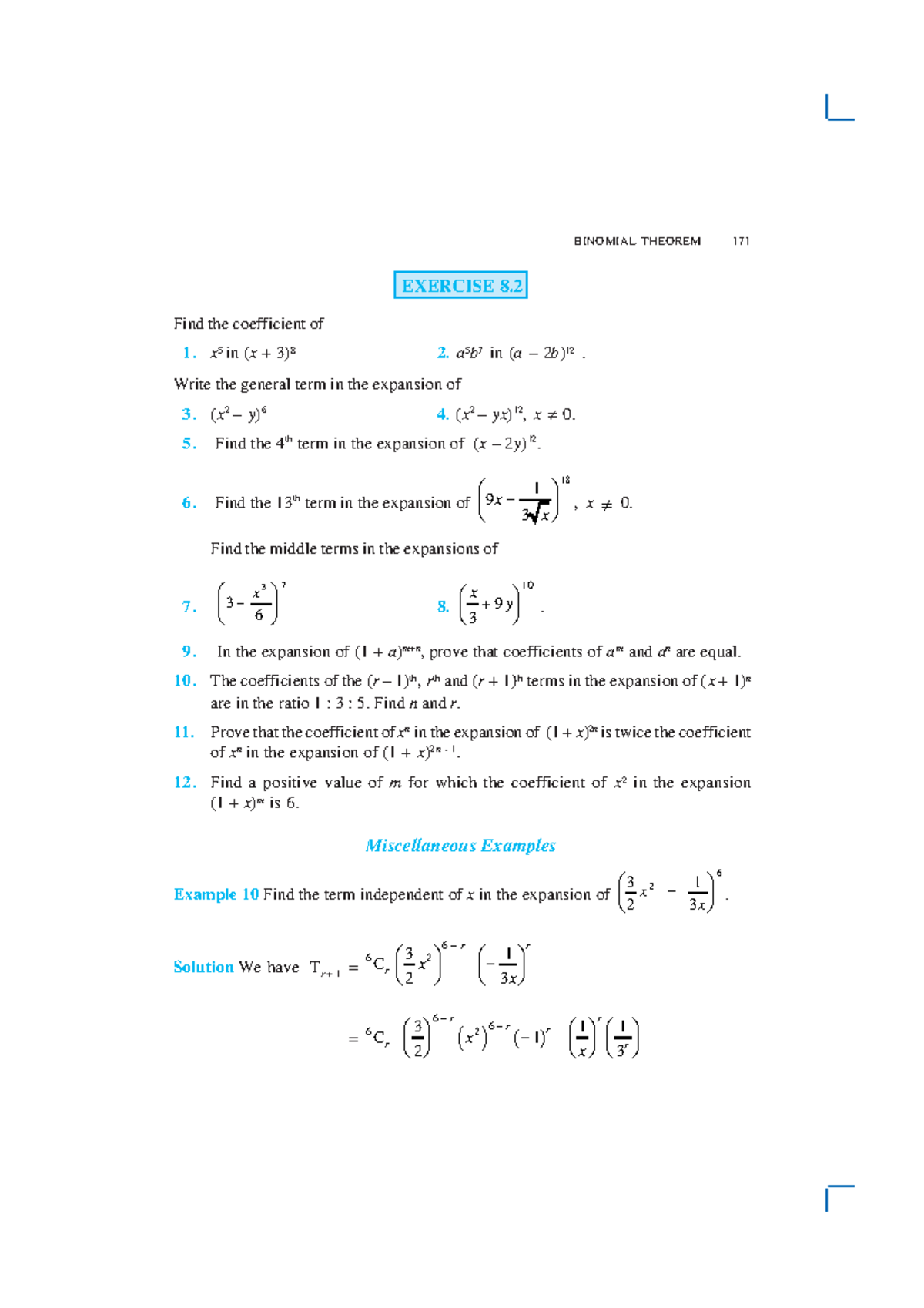 Binomial 2nd Exercise - aaa - BINOMIAL THEOREM 171 EXERCISE 8. Find the ...