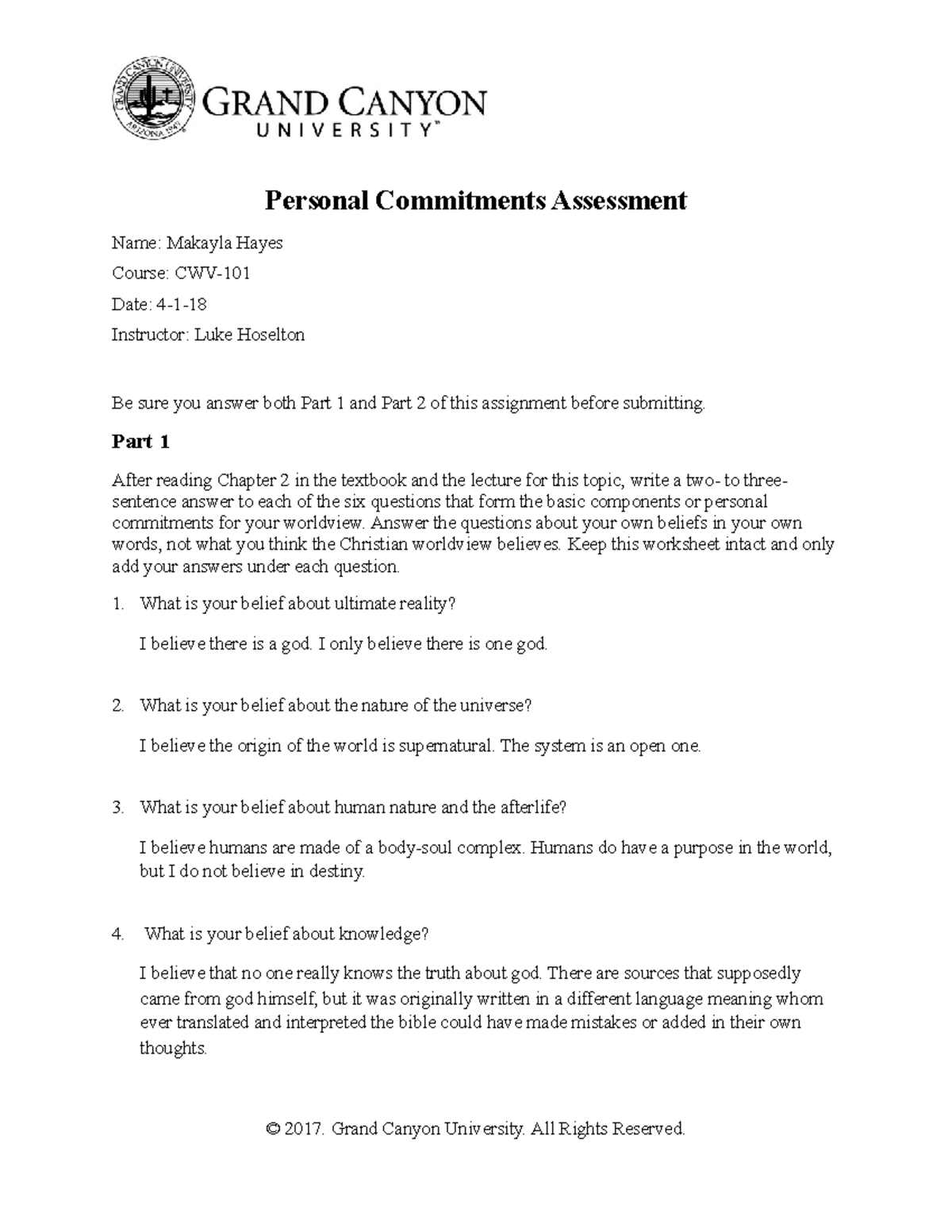 CWV 101 301 RS T1Personal Commitments Assessment - Personal Commitments ...