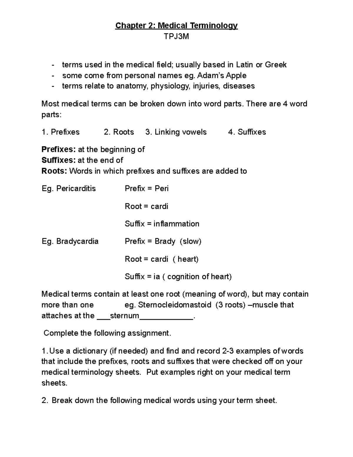 Copy of Medical Terminology Worksheets - Chapter 2: Medical Terminology ...