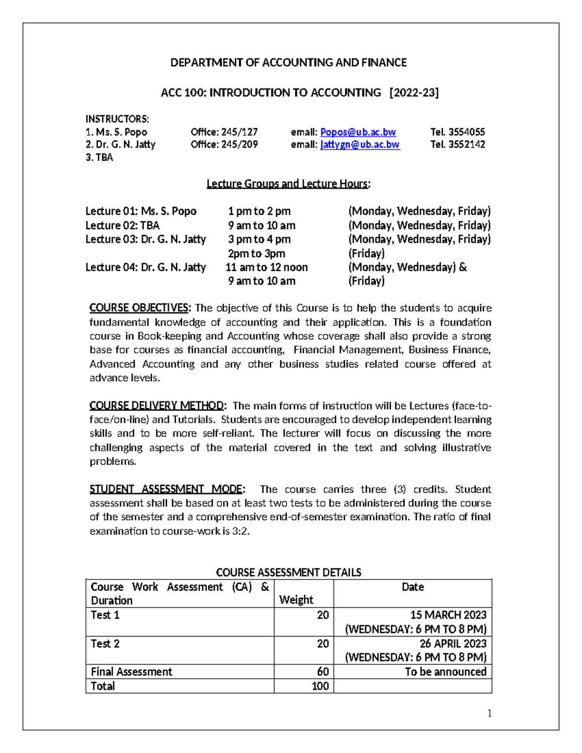 ACC 100 Course Outline JAN 2023 - DEPARTMENT OF ACCOUNTING AND FINANCE ...