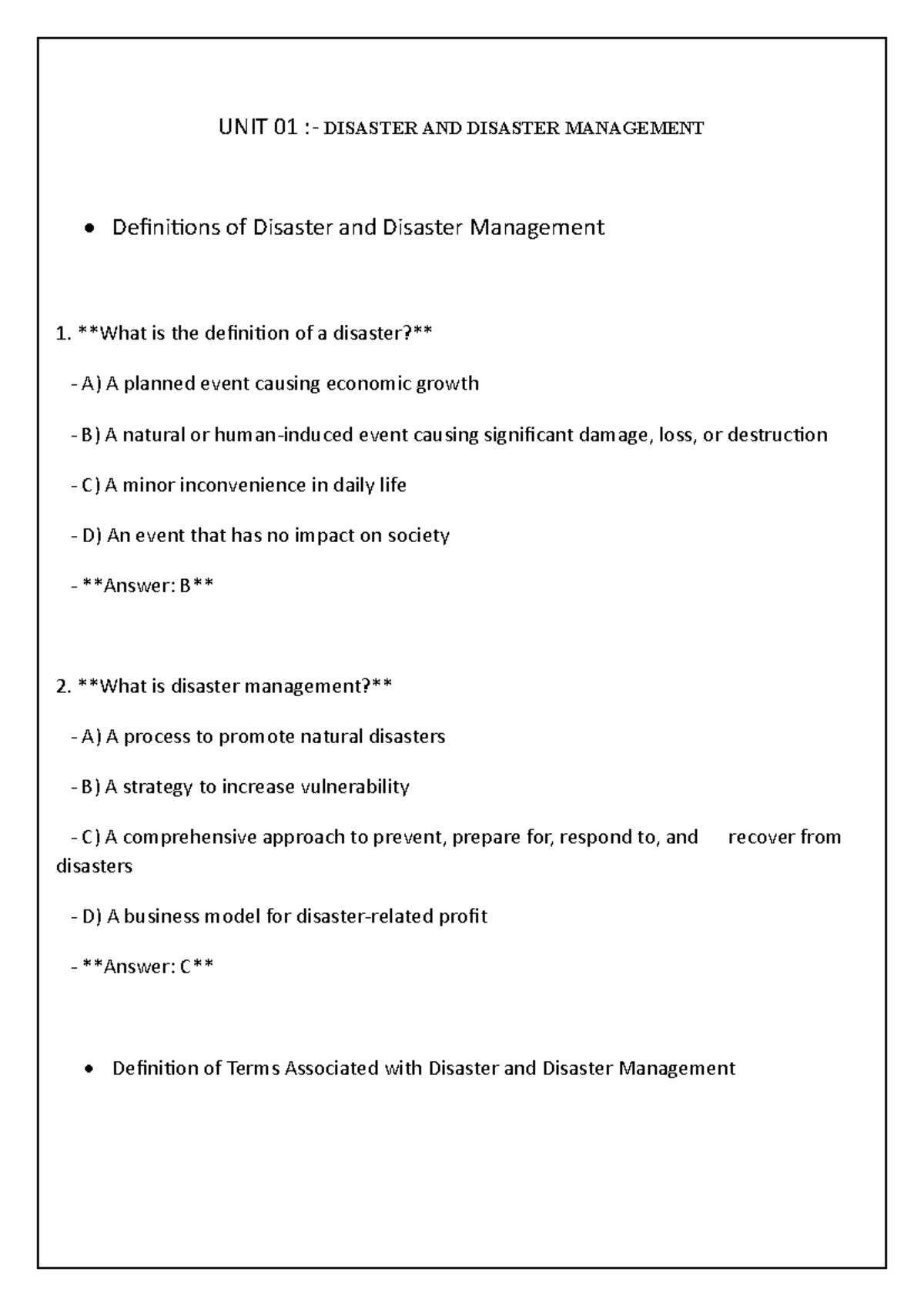 DM UNIT 01 - MCQ of Disaster management - UNIT 01 :- DISASTER AND ...