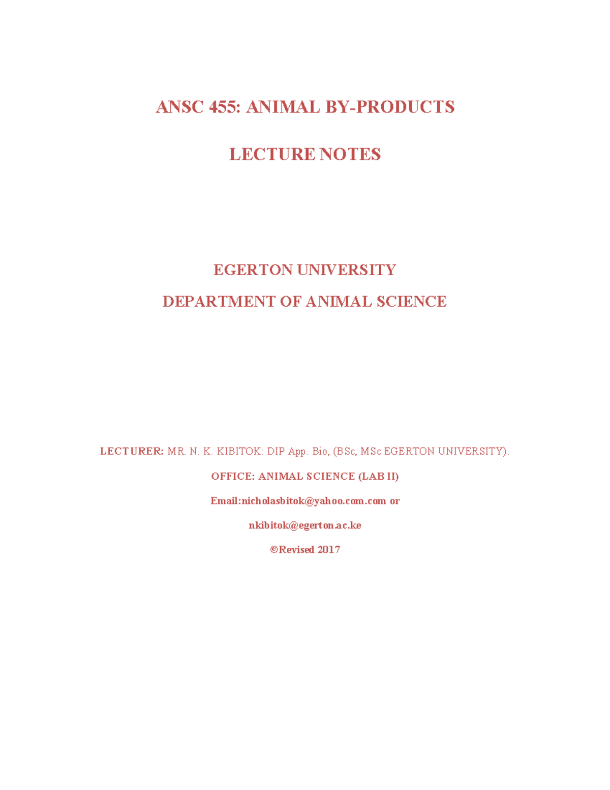 ANSC 455 Notes November - ANSC 455: ANIMAL BY-PRODUCTS LECTURE NOTES ...
