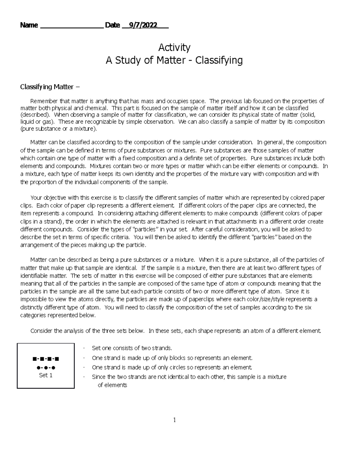 Activity - Prelab Classifying Matter - Name _________________ Date __ 9 ...