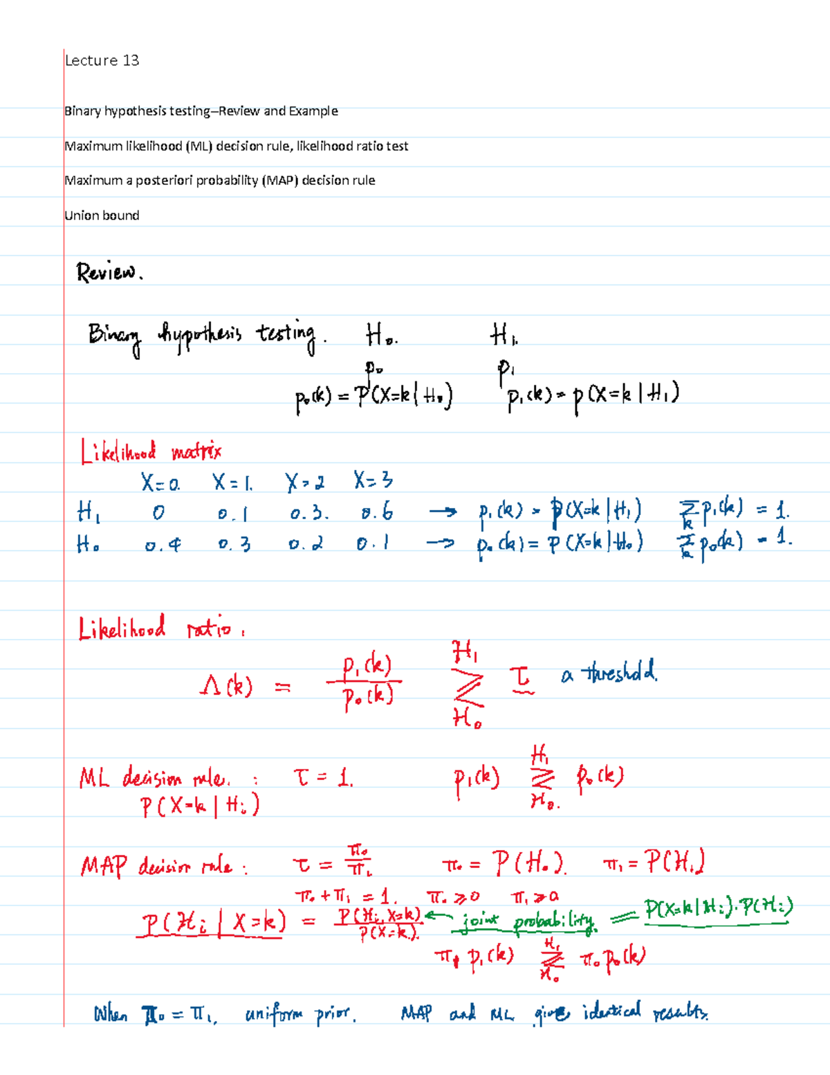Lecture 13b - ECE 313 - Binary hypothesis testing-Review and Example ...