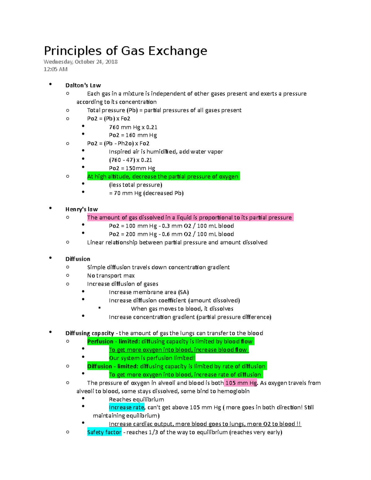 Principles of Gas Exchange - Principles of Gas Exchange Wednesday ...