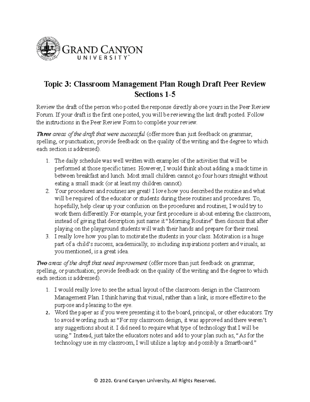 Breanna Garza -Peer Review - Topic 3: Classroom Management Plan Rough ...