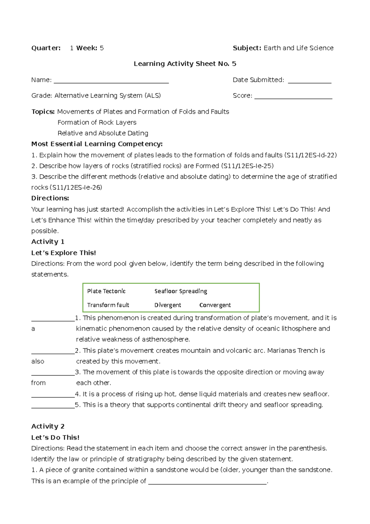Learning Activity Sheet No. 5 ELS-KEY - Quarter: 1 Week: 5 Subject ...