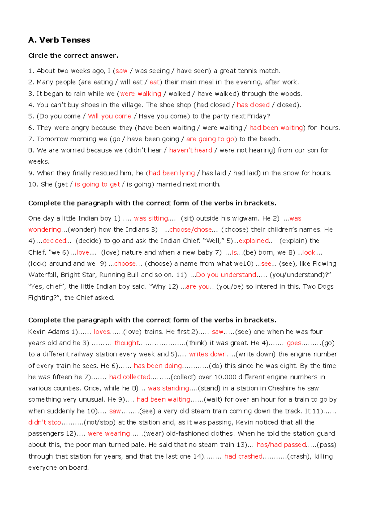 Mixed exercises for a quick review key - A. Verb Tenses Circle the ...