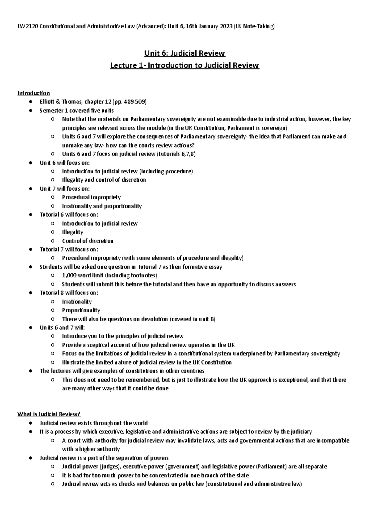 Unit 6 Judicial Review Lecture 1 - 489-509) Semester 1 covered five ...