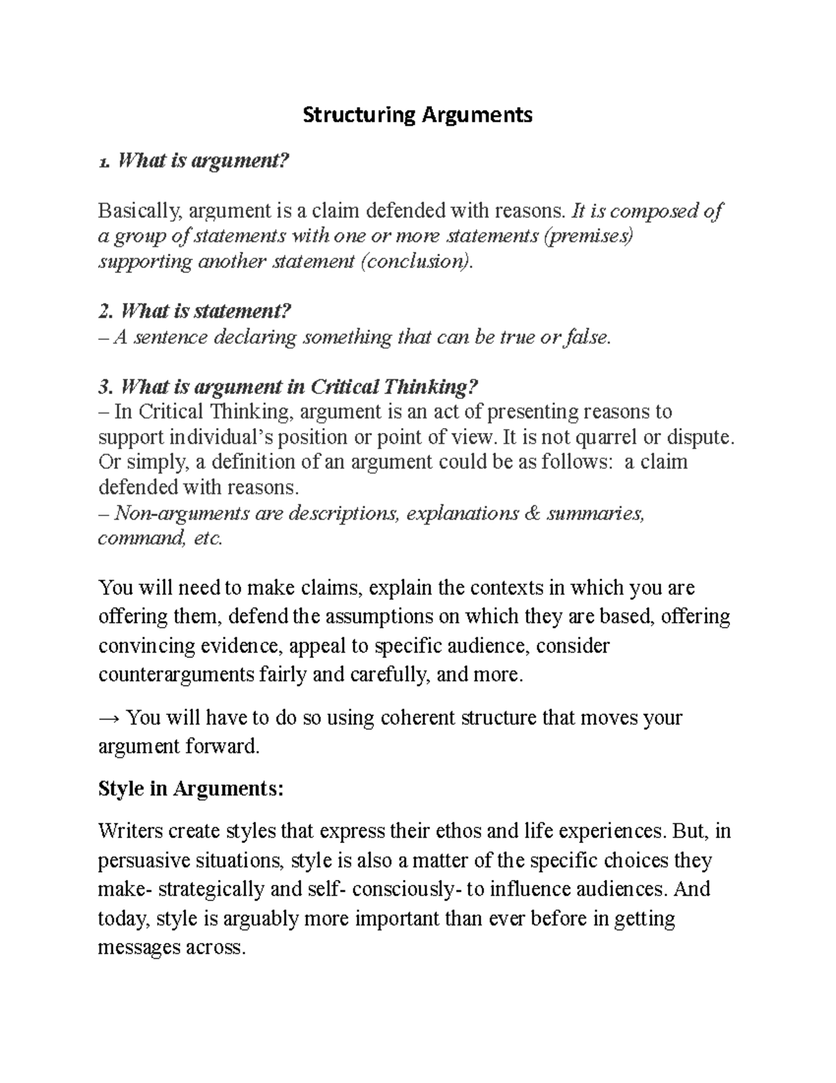 Structuring Arguments and Style - Structuring Arguments What is ...