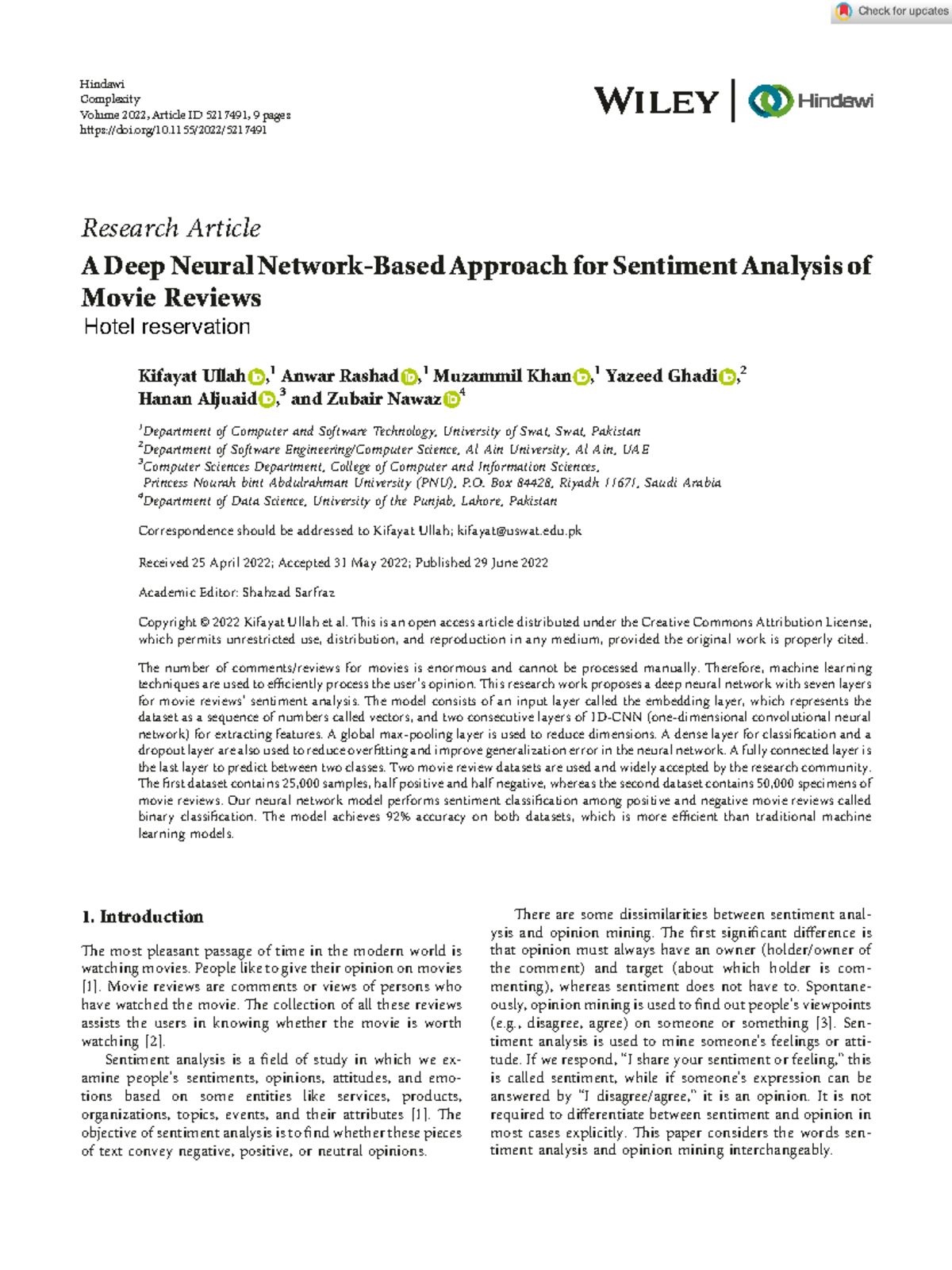 Complexity - 2022 - Ullah - A Deep Neural Network‐Based Approach for Sentiment Analysis of Movie ...