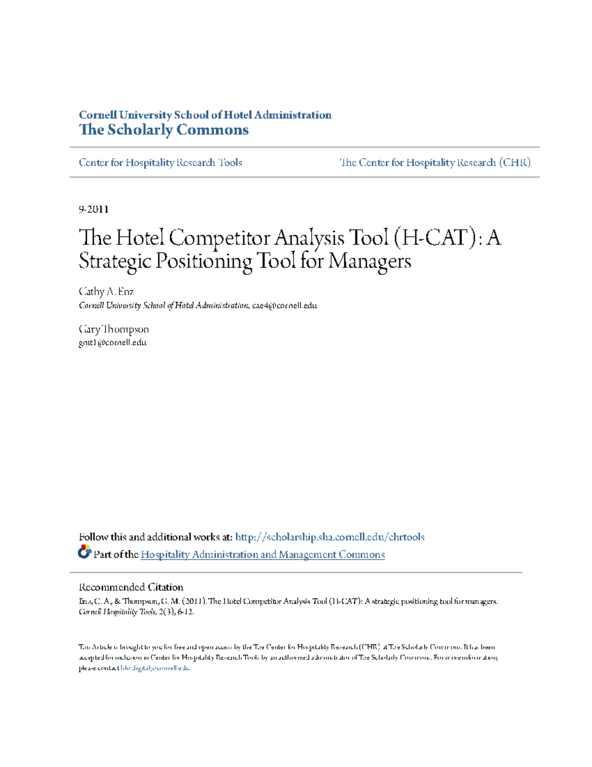 The Hotel Competitor Analysis Tool (H-CAT) A Strategic Positioni copie ...