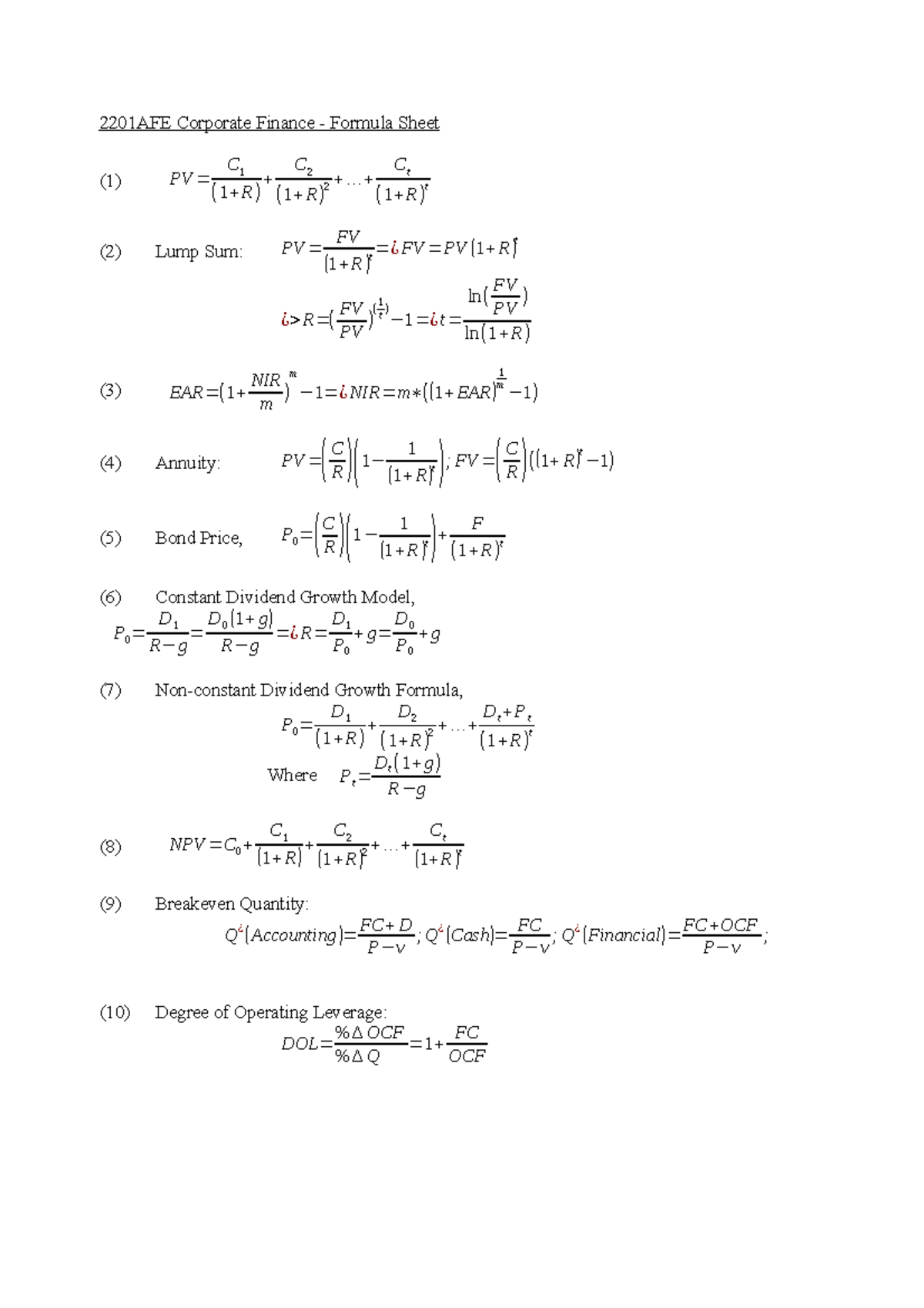 Formula sheet 2 - 2201AFE Corporate Finance - Formula Sheet C1 C2 Ct ...