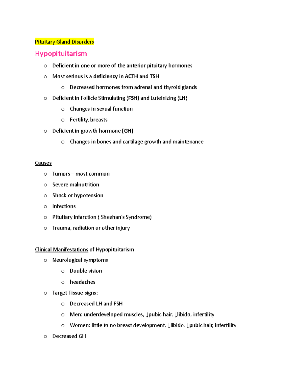 Pituitary Gland Disorders notes - Pituitary Gland Disorders ...